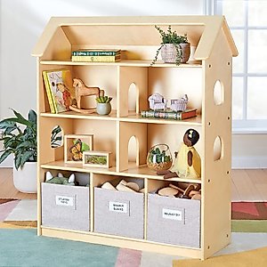 Guidecraft EdQ Dollhouse Bookcase - Natural: Kids' Wooden Organizer Shelves with Removable Storage Bins for Books, Dolls, and School Supplies | Children's Bedroom and Classroom Furniture