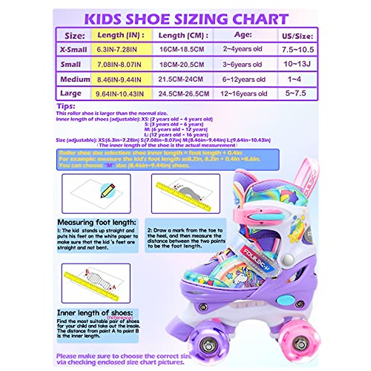 Rainbow Unicorn Kids Roller Skates for Girls Boys Toddler Ages 6-12,4-Pejiijar Adjustable Roller Shoes with Luminous Wheels for Birthday Xmas Gifts.