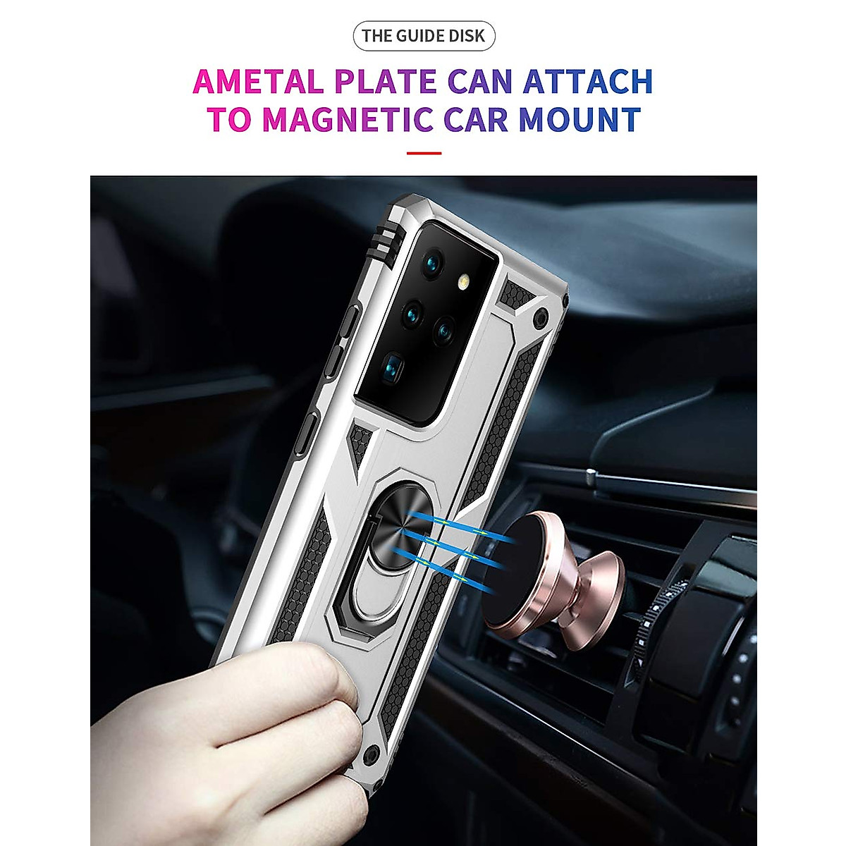 Military Grade Drop Impact for Samsung Galaxy S21 Ultra Case Galaxy S21 Ultra 5G Case Metal Rotating Ring Kickstand Holder Armor Heavy Duty Shockproof Case Galaxy S21 Ultra Phone Case (Silver)