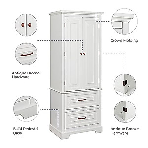 Teamson Home St. James Freestanding Adjustable Shelves 2 Drawers 5 Spaces and 2 Doors Wooden Linen Tower Storage Cabinet, White