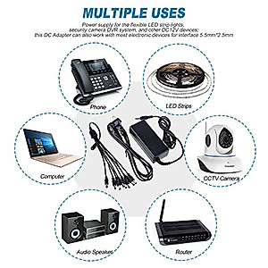 ABLEGRID Charger Compatible with Swann Lorex Q-See Security Camera 12V 5A 60W 2-Prong Plug AC to DC 2.5x5.5mm w/8-Way Power Splitter Cable Power Supply for CCTV Security Camera DVR, LED Strip Lights