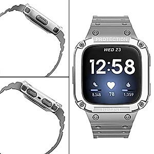 MiRUSI Compatible For Fitbit Versa 4/3/2/1/Fitbit Versa Lite/Fitbit Sense 2/Fitbit Sense Bands with Case, Protective Case Strap Rugged Sport Protect Wristbands For Men Women (Gray&Silver)