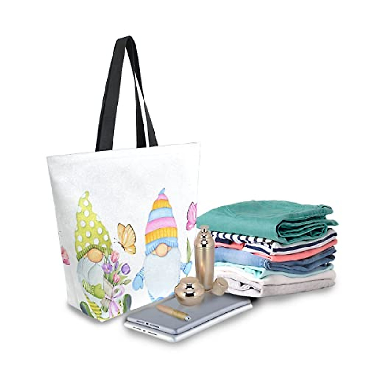 Cute Flowers Gnomes Large Canvas Shoulder Tote Top Storage Handle Bag for Gym Beach Travel Shopping