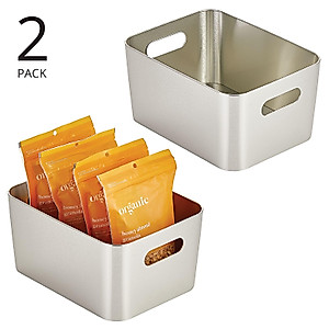 mDesign Steel Metal Storage Container Bin Basket, Handle - Kitchen Pantry, Cabinet, Fridge, Drawers, Freezer Organization - Food/Snack Holder Crates, 9" Wide, Mirri Collection, 2 Pack, Brushed Chrome