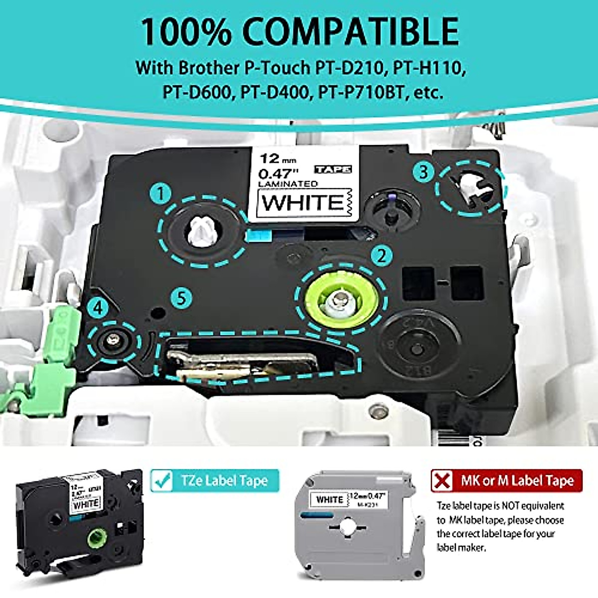 12mm 0.47Inch TZ Ptouch Label Maker Tape Compatible for Brother P Touch PTD210 PTD200 PTH110 PTD400 PTD600 Label Maker, (White/Gold/Pastel Blue/Turquoise Blue/Black/Berry Pink), 6 Pack