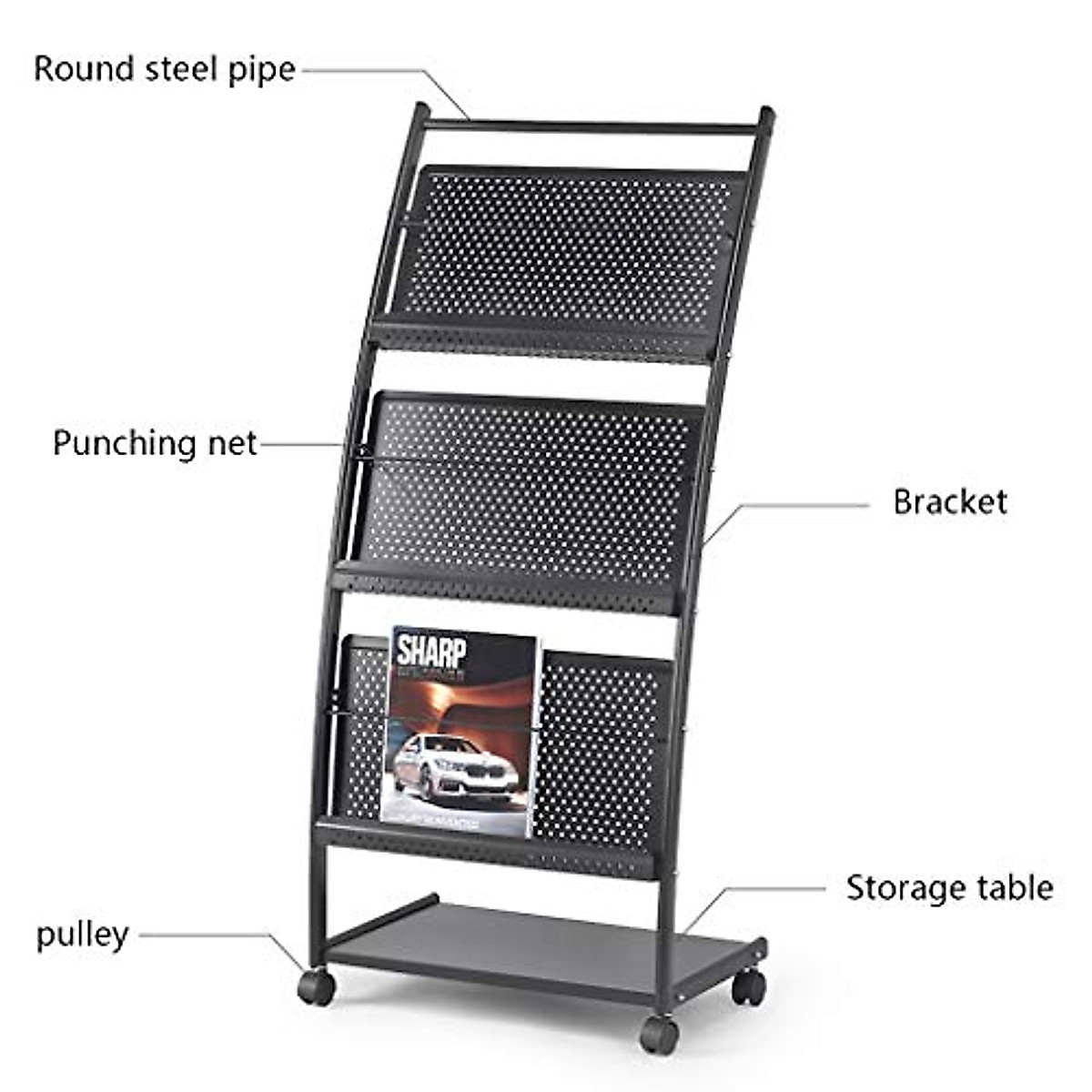 Magazine & Newspaper Baskets Newspaper Rack Magazine Rack Information Rack Magazine Rack Storage Book Rack Metal Iron Floor Universal Wheel Mobile Propaganda Display Stand Shelf Baskets