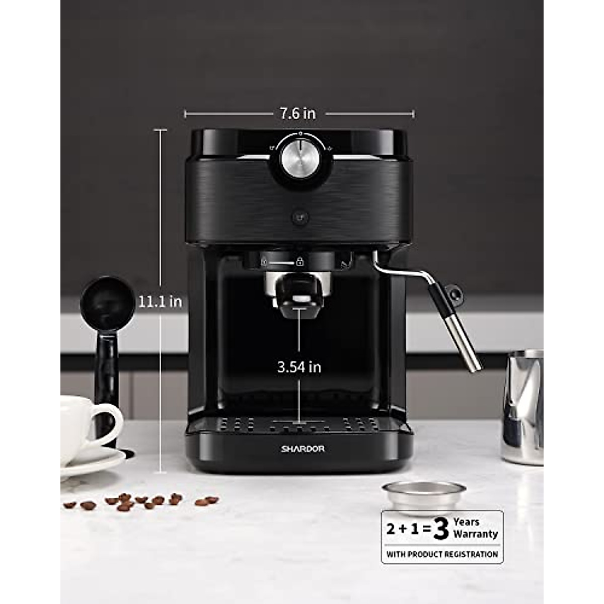 SHARDOR Espresso Machine, Automatic Latte & Cappuccino Maker, 15 Bar Pump Pressure Espresso Coffee Maker with Milk Frother Steam Wand, 1300W, Black