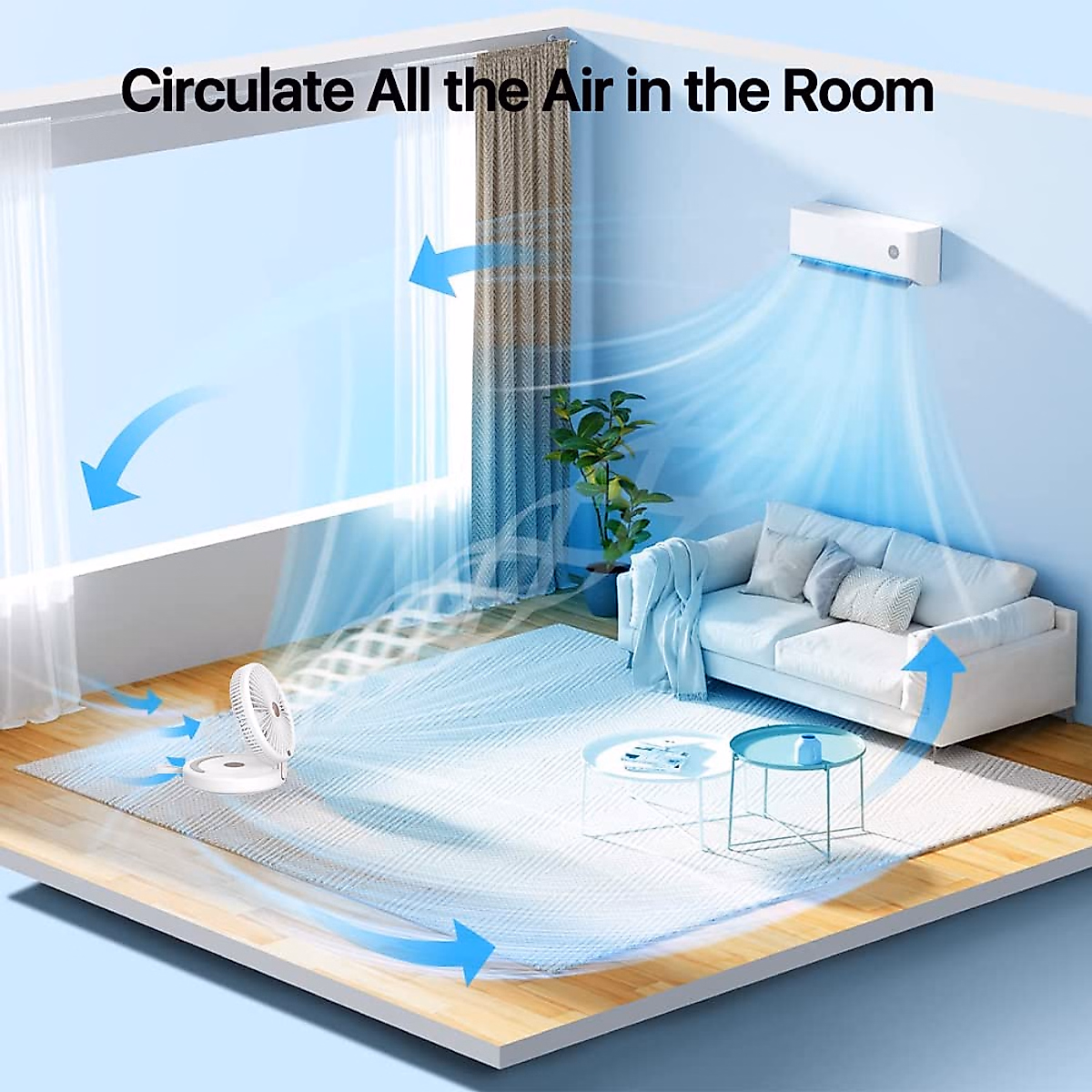 Jassco Air Circulator Fan, Table Fan, Portable Oscillating Desktop Fan, Wall-Mounted Fan, 6 Speeds, Personal Cooling Fan with LED Night Light for Home, Dorm, Workout,White