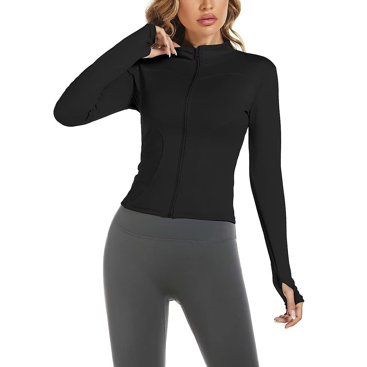 Aolpioon Women's Quick Dry Stretchy Sweat Shirt Long Sleeve Athletic Crop Jackets Yoga Tennis Golf Tight Fitted Light Jacket Black L