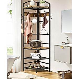LTTROMAT 4-Tier Corner Hall Tree with Shoe Bench, Entryway Coat Rack with Storage, Industrial Corner Clothes Rack with 6 Metal Hooks and Wooden Storage Shelves