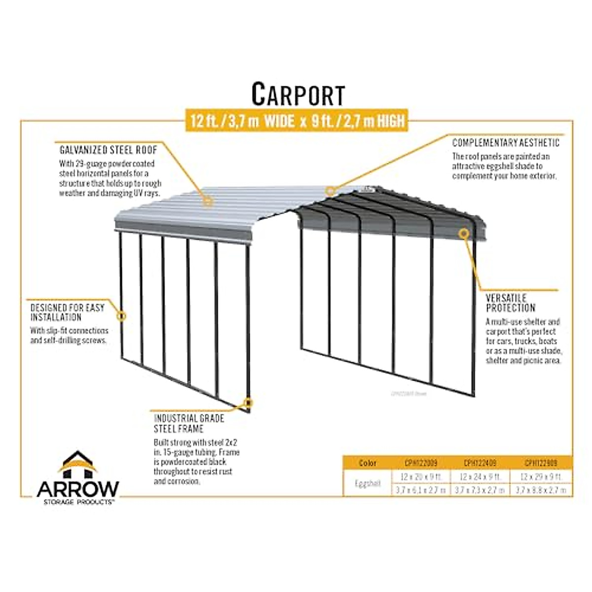 Arrow Carports Galvanized Steel Carport, Full-Size Metal Carport Kit, 12' x 24' x 9', Eggshell