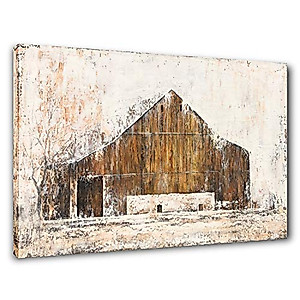 Yihui Arts Rustic Wall Decor Old Barn Canvas Wall Art Hand Painted Vintage Farmhouse Painting Pictures For Living Room