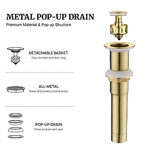 Pop up Sink Drain Stopper for Bathroom Vessel Vanity Sink Art Basin Brushed Gold, Small Cap Without Overflow, Metal Pop-up Drain Strainer with Detachable Basket Stopper