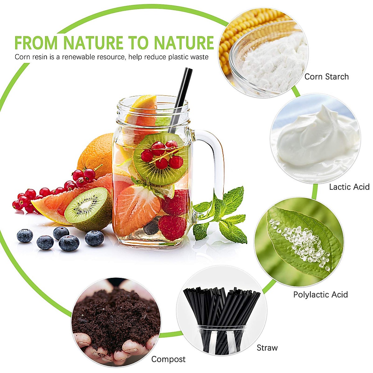 Plasticless 100 Pcs PLA Disposable Drinking Straws Corn Plant Based Biodegradable Straws, BPA Free Compostable Stir Sticks Black Straws, Reusable Straws Alternative to Plastic Straws for Party Drinks