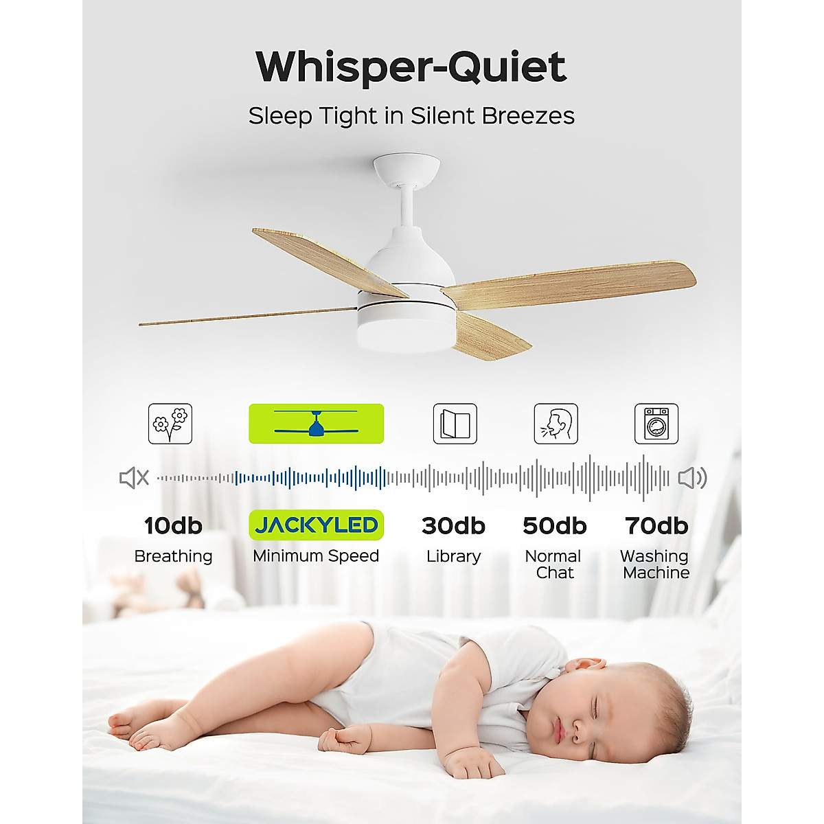 JACKYLED 52 Inch Ceiling Fan with Light Remote Control, 6 Fan Speeds & 3-Color Dimmable Light, Quiet Reversible DC Motor, LED Ceiling Fan Light for Bedroom, Living Room, White/Lightwood Blades