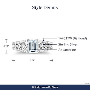 Jewelili Enchanted Disney Fine Jewelry Sterling Silver with 1/4 cttw Diamond and Aquamarine Elsa Ring, Size 7