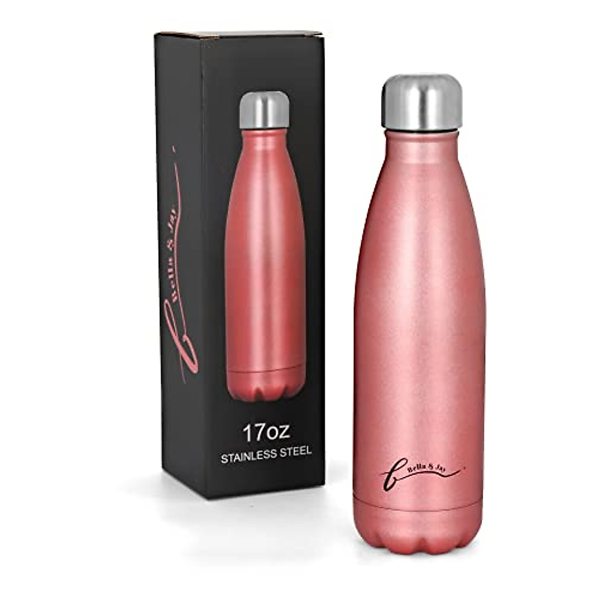 Bella&Jay Insulated Double Wall Vacuum Stainless Steel Sports Water Bottle, 17 oz Thermo Cola Shaped for hot or cold drinks - Rose Gold