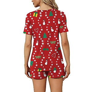 RUBZOOF Christmas Pajamas for Women Shorts Set Snowman Print Casual Soft V Neck 2 Piece Lounge Sets with Pockets S