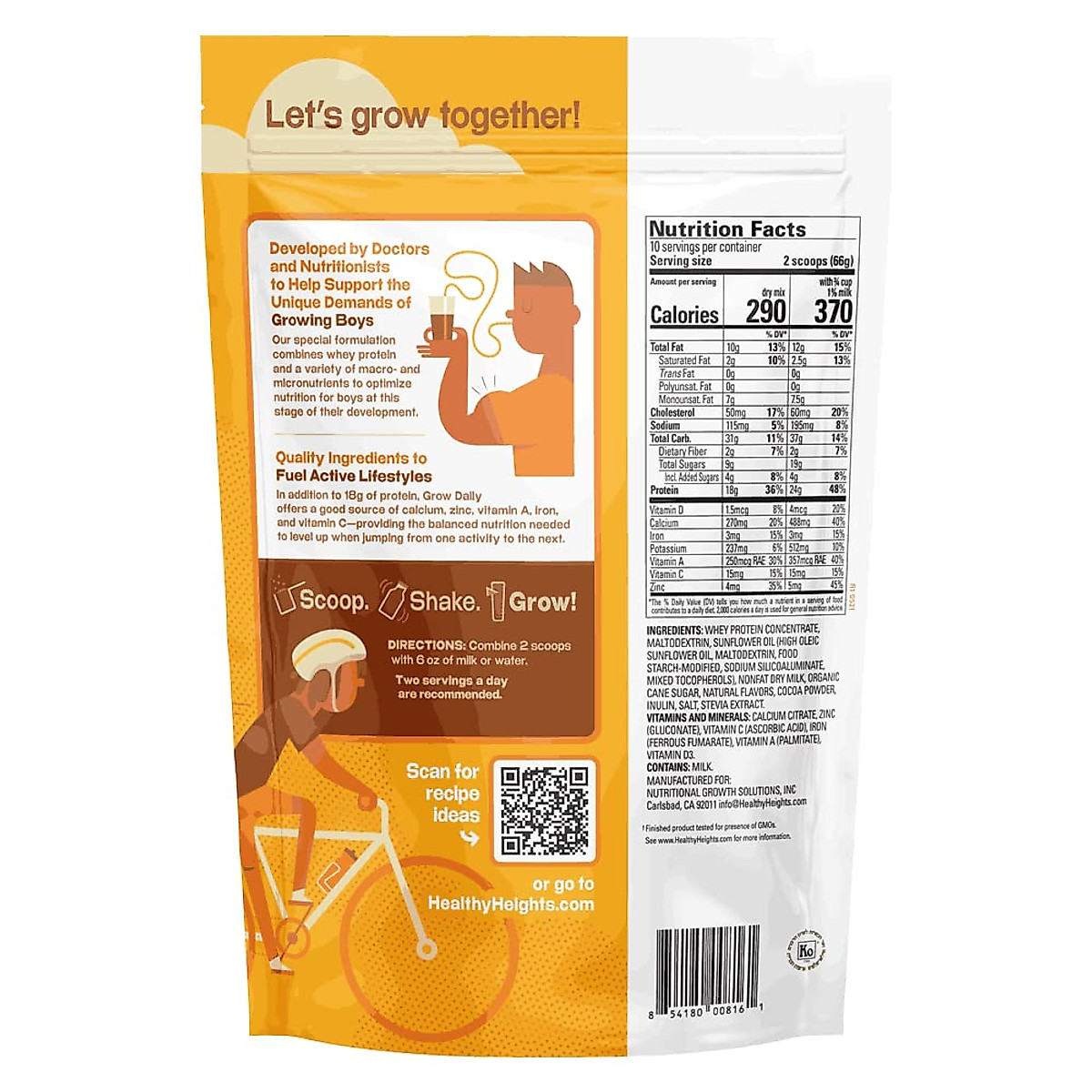 Grow Daily Boys 10+ Shake Mix Bag by Healthy Heights - Protein Powder (Chocolate) - Developed by Pediatricians - High in Protein Nutritional Shake - Contains Key Vitamins & Minerals