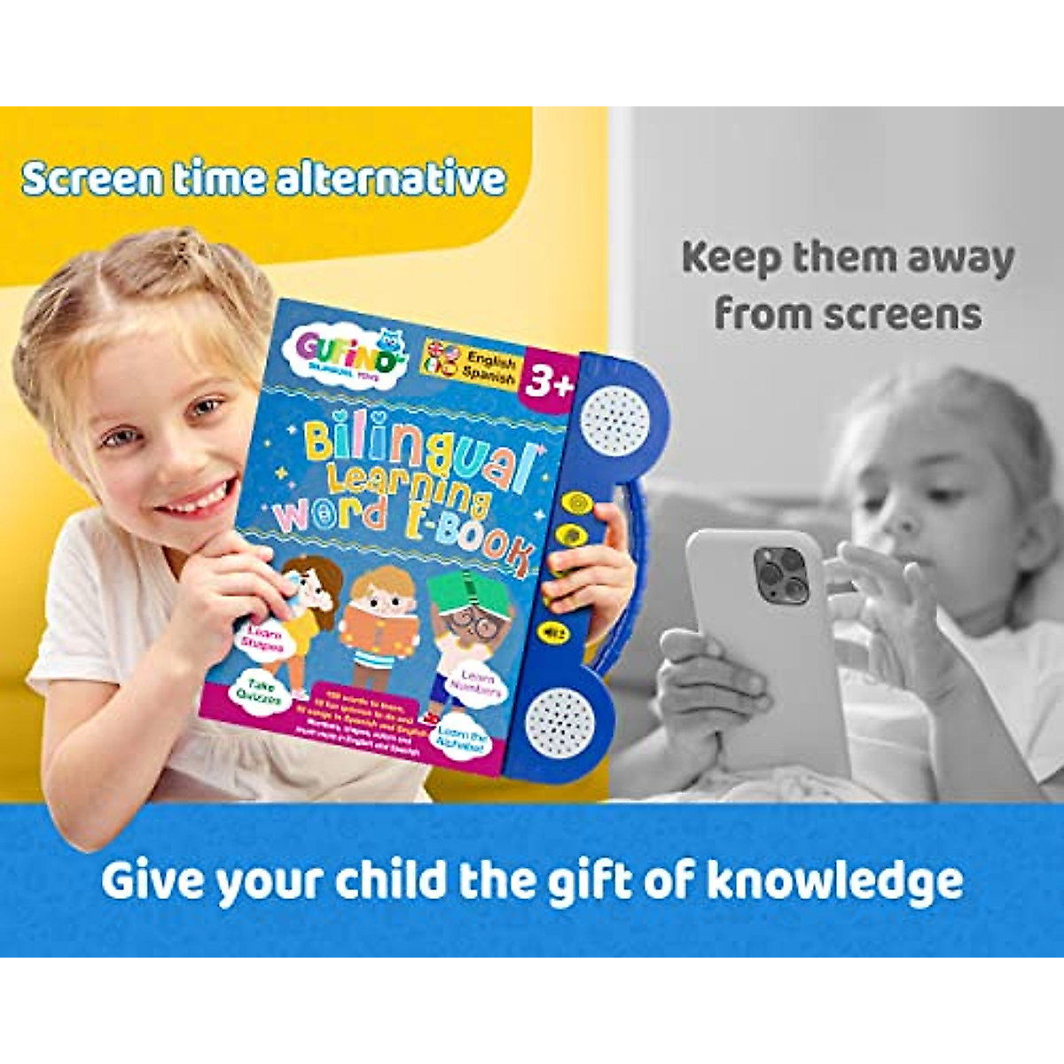 GUFINO Spanish & English Learning Toys Electronic Book; Kids Learning Toys for 3 Year Olds and Older. ABC Learning for Toddlers, Numbers, Songs, Colors; Best Toddler Learning Toys for 3+ Year Olds.
