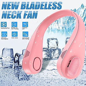 Neck Fan - Portable Bladeless Fan Rechargeable, 360° Hands Free Around the Neck, 3000mAh Personal Fan with 3 Speeds Cooling Fan, Low Noise for Travel Sports Sleeping Cooking Fishing (Pink)