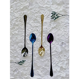M.S. Long-handled ice tea spoon, cocktail stir spoons, stainless steel coffee spoons, ice cream scoop Set of 5(purple,7.68inch)