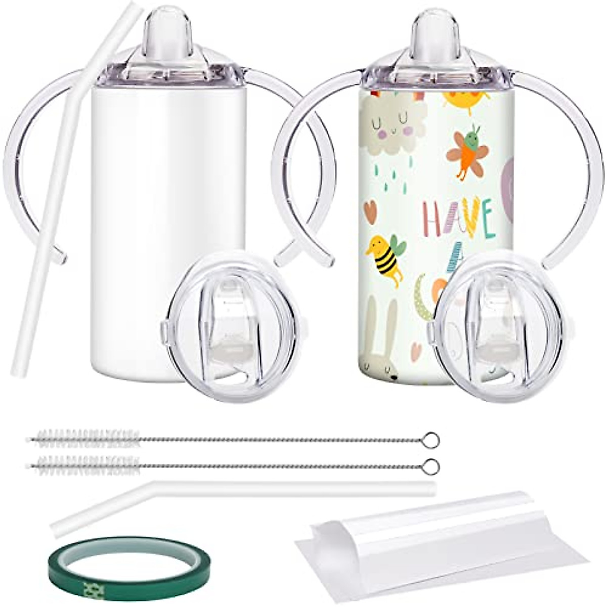 Vermida Sublimation Sippy Cup Blank with Handle, 12oz Stainless steel Sippy Cups, Kids Cups with Straws and Lids Spill Proof Double Wall Vacuum Cups for Children(2 Pack)