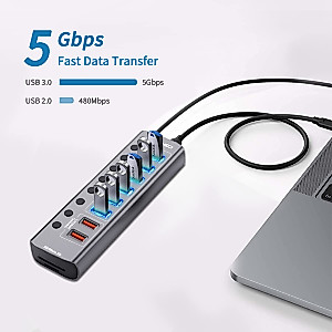 Cenmate Powered USB 3.0 Hub with SD/TF Card Reader, Aluminum USB 3.0 Splitter(6 USB 3.0 Ports+2 2.4A Charging Ports+TF/SD Reader), Individual On/Off Switches