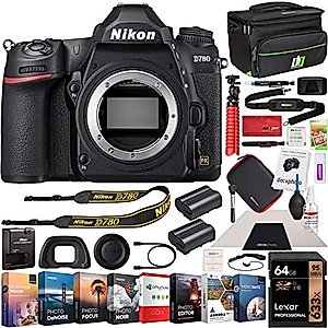 Nikon D780 Full Frame DSLR Digital SLR 4K FX Format Camera Body Bundle with Photo and Video Professional Editing Software Kit, Deco Gear Camera Bag, 2X Rechargeable Battery, 64GB Card & Accessories