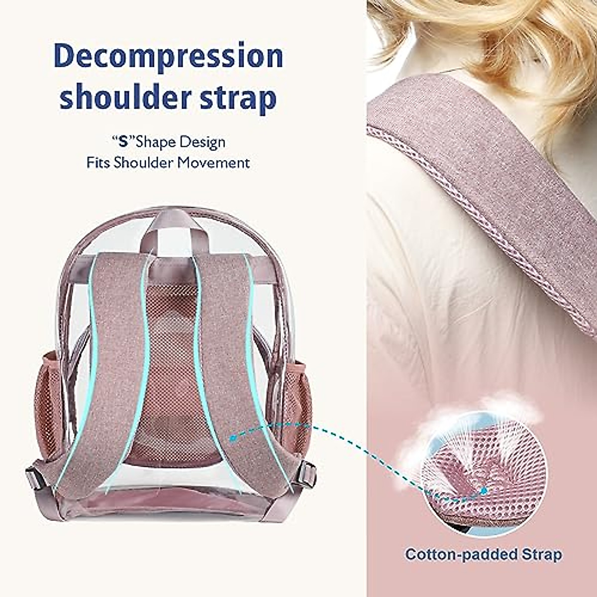 F-color Clear Backpack Heavy Duty - Large Clear Backpacks for School PVC Transparent Bookbag for Students Work Stadium Travel,Pink