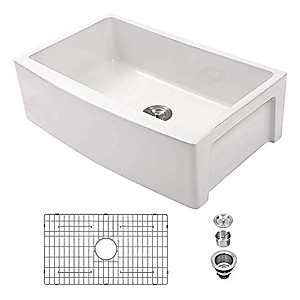 33 White Farmhouse Sink - Sarlai 33 Inch White Kitchen Sink Curved Apron Front Ceramic Porcelain Fireclay Single Bowl Farm Sink Basin