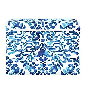 Vnurnrn Collapsible Storage Bins with Lids, Hand Drawn Blue Floral Foldable Storage Boxes, Storage Box Cube with Lid for Clothes,Bedroom,Toys,16.5x12.6x11.8 Inch