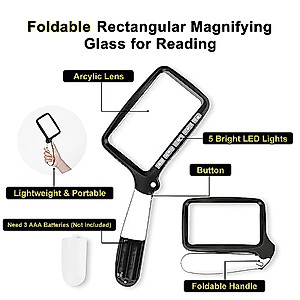 Arsir 3X Folding Magnifying Glass with Light, Retancular Lighted Magnifier with 5 LED Lights, Handhold Page Magnify Lens Seniors Gift for Reading Books, Coins, Maps, Inspection, Kid Exploring -Black