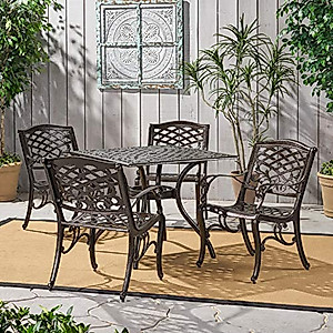 Christopher Knight Home Hallandale Outdoor Sarasota Cast Aluminum Square Dining Set, 5-Pcs Set, Hammered Bronze