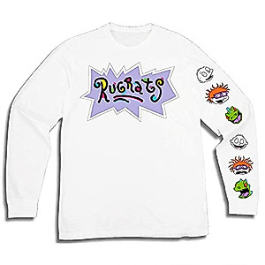 Nickelodeon Mens Long Sleeve Shirt - #TBT Mens 1990's Clothing - Rugrats, Hey Arnold, Ren and Stimpy (White, X-Large)