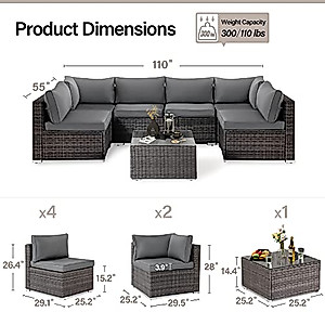 LAUSAINT HOME Outdoor Patio Furniture, 7 Pieces Outdoor Sectional PE Rattan Wicker Patio Furniture Sets, All Weather Garden Conversation Seat with Cushion and Glass Coffee Side Table (Grey)