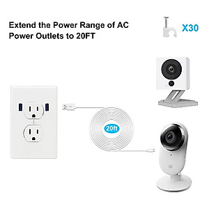 Onite 2-Pack Extended Reach Charging Cables (20FT) for Wyze Cam, Blink Mini, KasaCam, SimpliSafe, Eufy, YI - Security Camera Power Cord (Not for Wyze Pan v3)