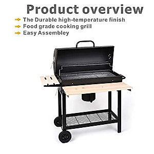RJMOLU Outdoor Smoker Barbecue Portable Charcoal BBQ Grill for Garden Home Camping, Heat Control BBQ Kettle with 2 Foldable Wooden Side Shelves and Thermometer