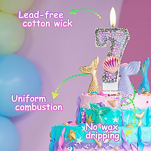 iNINGER Girls Glitter 7th Birthday Number Candle,Glitter Mermaid Number 7 Candle with Pink Shell Sequins,Pink Purple Pearls Cake Candles for Girls Mermaid Themed Birthday Decorations Party Supplies