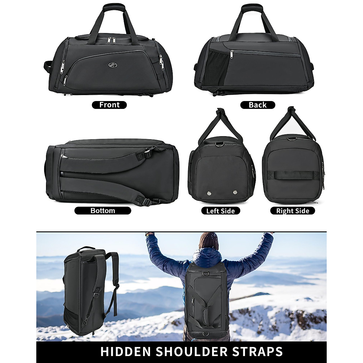 LOKASS Gym Bag for Men/Women-Duffle Sports Bag with Shoe Compartment, Carry On Weekender/Overnight Bag, Waterproof Gym Backpack Travel Bag for Camping (Black，Large)