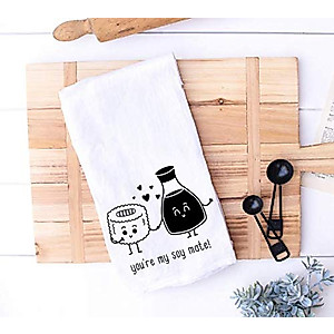 Handmade Funny Kitchen Towel - 100% Cotton Funny Hand Towel for Sushi Lovers - 28x28 Inch Perfect for Chef Housewarming Christmas Mother's Day Birthday Gift (You are My Soy Mate)