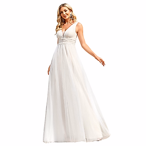 Ever-Pretty Women's Elegant Long Lace Sequin V-Neck Ruched Summer Beach Wedding Gowns for Women White US8