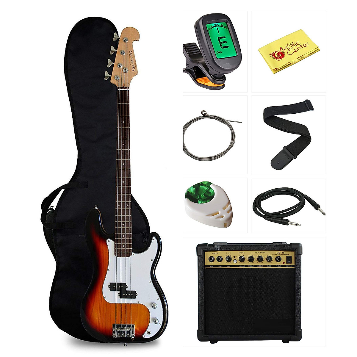Stedman Pro Beginner Series Bass Guitar Bundle with 15-Watt Amp, Gig Bag, Instrument Cable, Strap, Picks, and Polishing Cloth - Sunburst