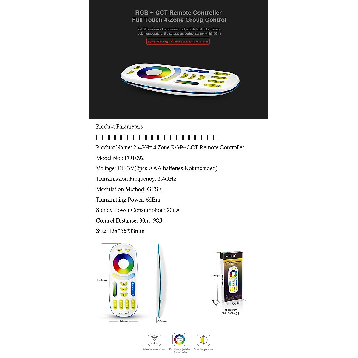 LGIDTECH FUT092 Miboxer 4-Zone RGB+CCT 2.4GHz RF Remote Controller(Not Include Battery) for Milight/Miboxer LED Light Bulb,Flood Light,Led Strip Controller