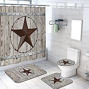 Texas Star 4 Pcs Shower Curtain Sets with Rugs Wooden Rusty Star Western Retro Farmhouse 4 Pcs Shower Curtain/ Non-Slip Bathroom Rugs/ Lid Toilet Cover/ Bath Mat,72" x 72"