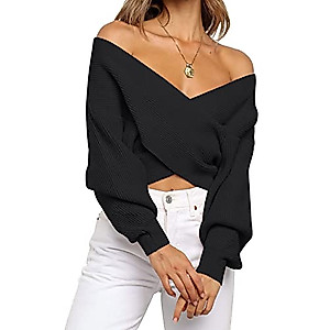 ZCSIA Women's Wrap V Neck Cropped Sweaters 2023 Fall Long Sleeve Cross Front Off Shoulder Solid Knitted Pullover Tops,Black,XLarge
