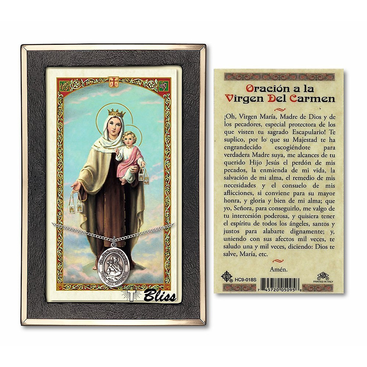 Bonyak Jewelry Pewter Virgen del Carmen on a 18 inch Curb Chain with a Prayer to Our Lady of Mt. Carmel Prayer Card