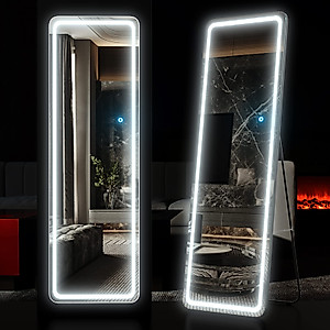 LVZORY 63"x20" Full Length Floor Mirror Dimming Lights Bedroom Tall Full-Size Body Lighted Mirror, Free Standing Wall Mounted Hanging Dressing Touch Control Black(20")