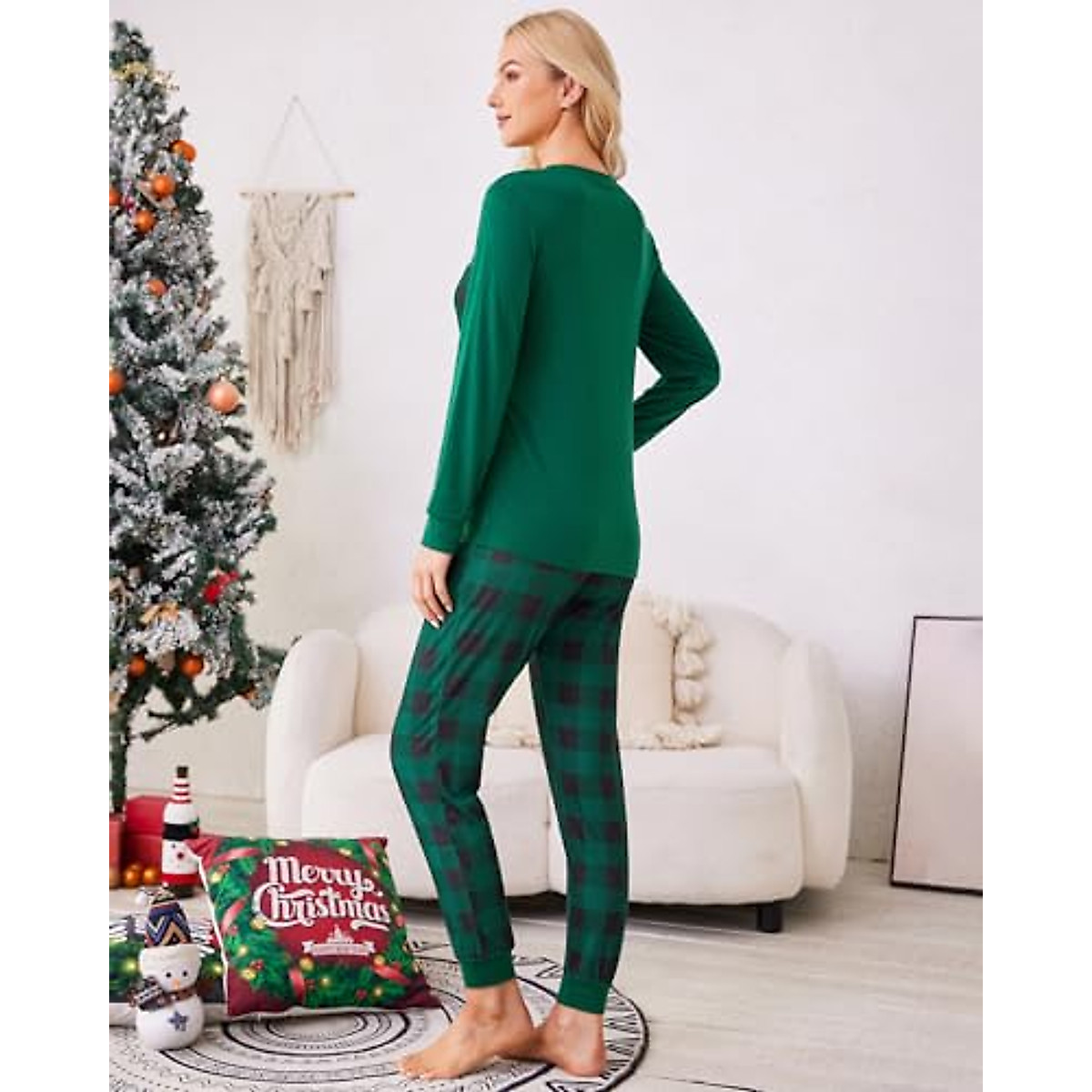 difficort Christmas Pajamas for Women Long Sleeve Shirt and Pajama Pants Soft Lounge Sets with Pockets, Dark Green, Medium