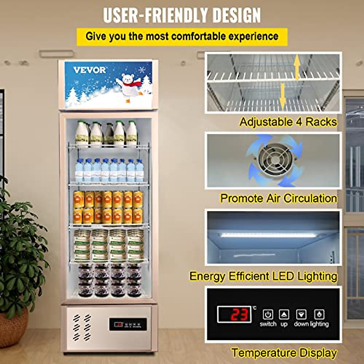 VEVOR Commercial Refrigerator,Display Fridge Upright Beverage Cooler, Glass Door with LED Light for Home, Store, Gym or Office, (8 cu.ft. Single Swing Door)